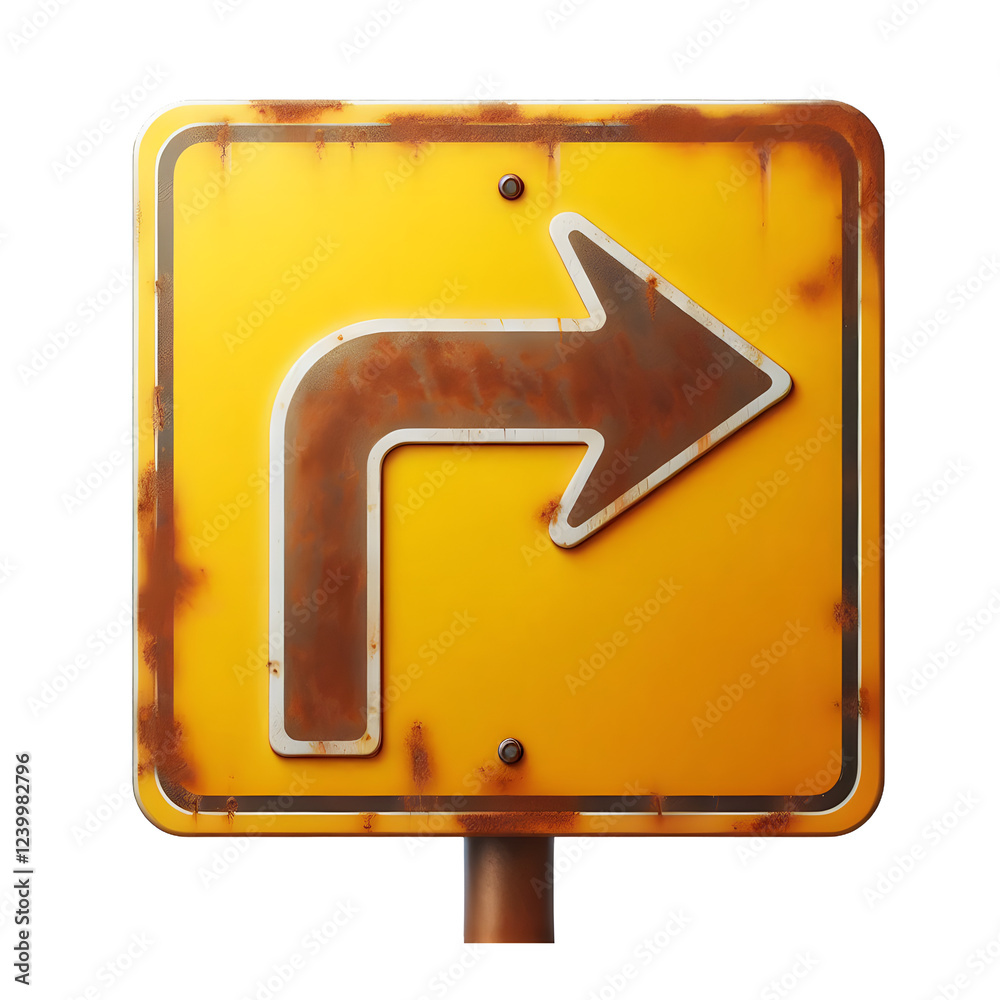 rusty yellow arrow sign showing right arrow road signpost isolated on ...