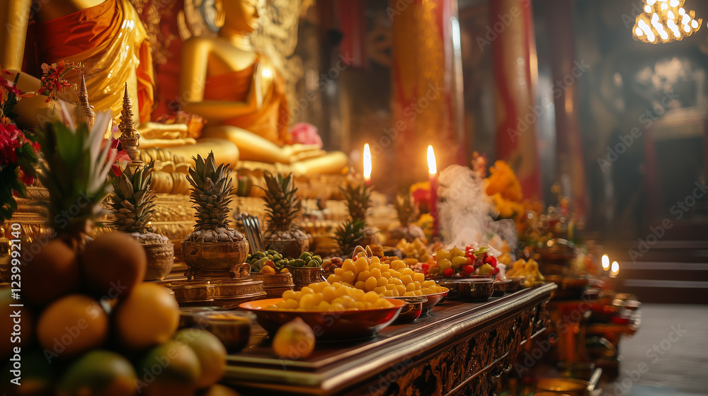 Buddhists prepare offerings of fruits and traditional foods in front of ...
