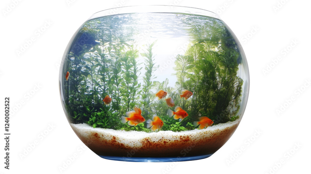 Goldfish swimming in a fishbowl with aquatic plants and transparent ...