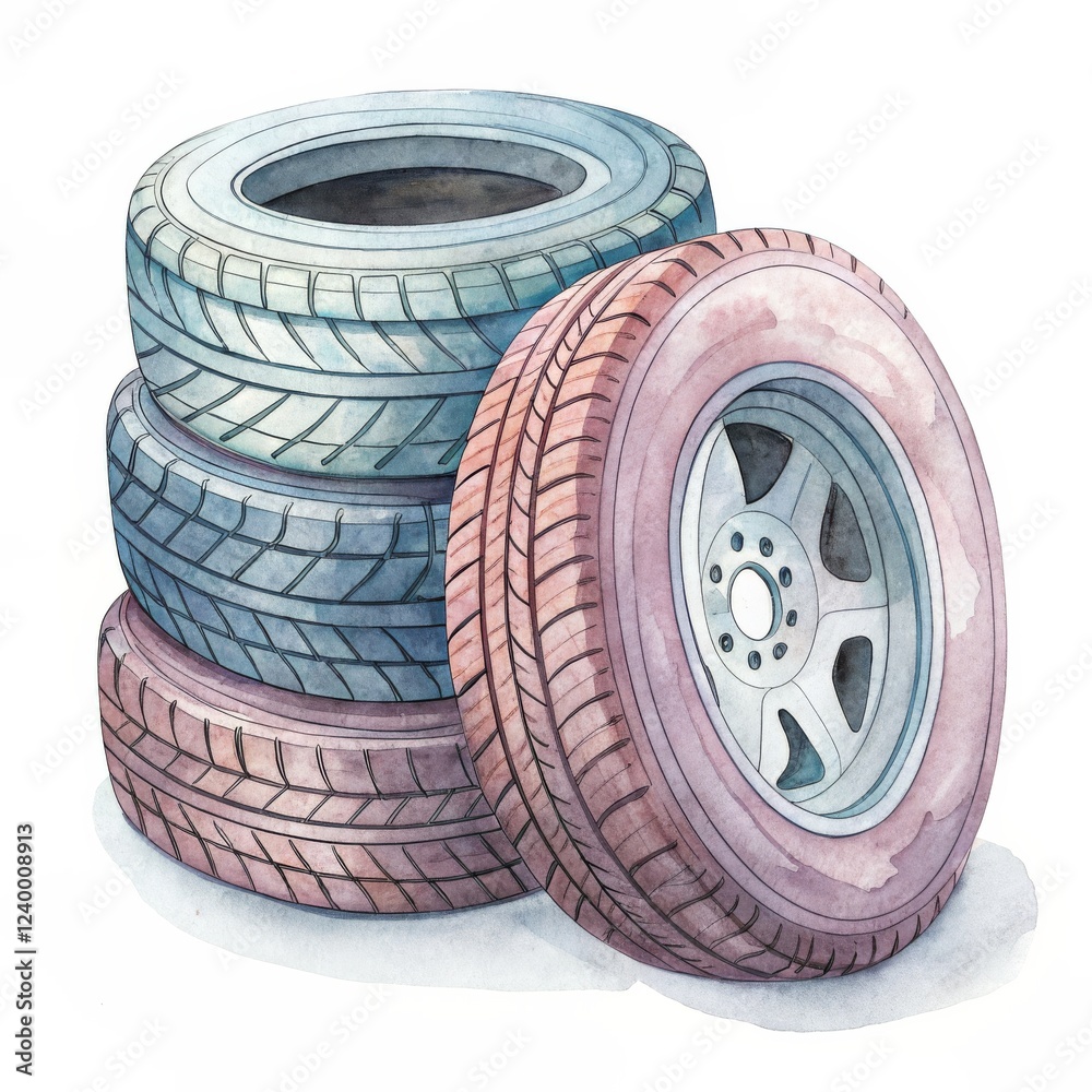 Watercolor Stack of Tires Composition of Four, Detailed Texture, Auto ...