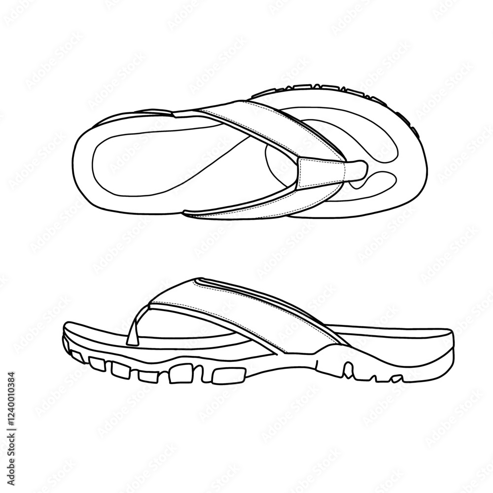 Technical sketch of sport flip flops sandals open toe for men's vector ...