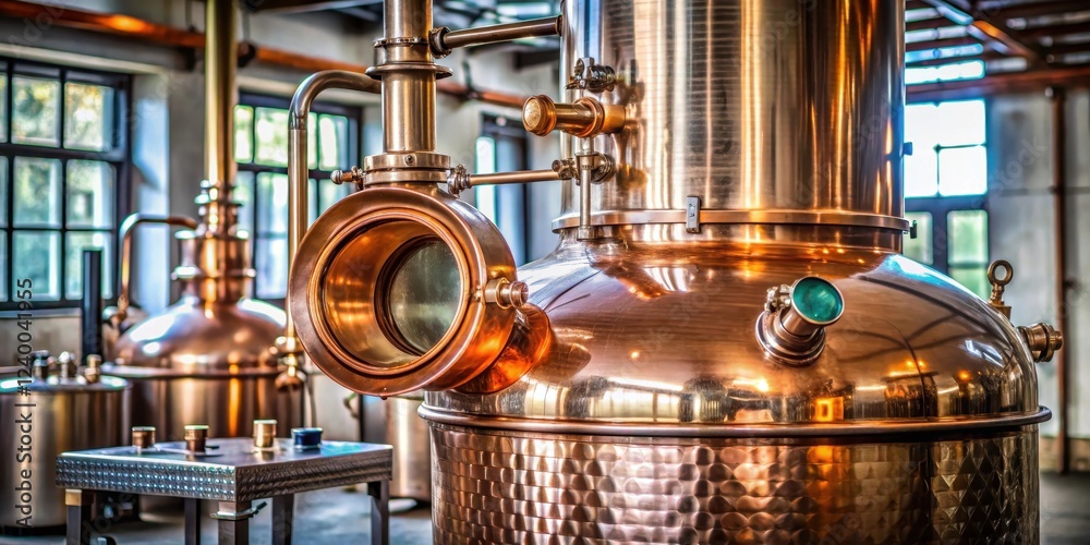 Distilling alcohol in a traditional copper pot still, fermentation ...