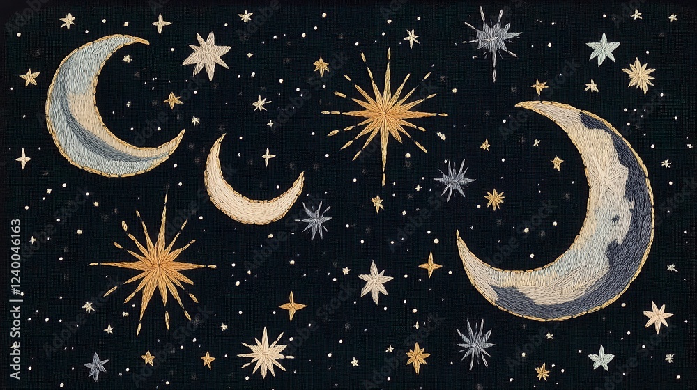 Celestial Embroidery Design, intricate moons and stars, enchanting ...