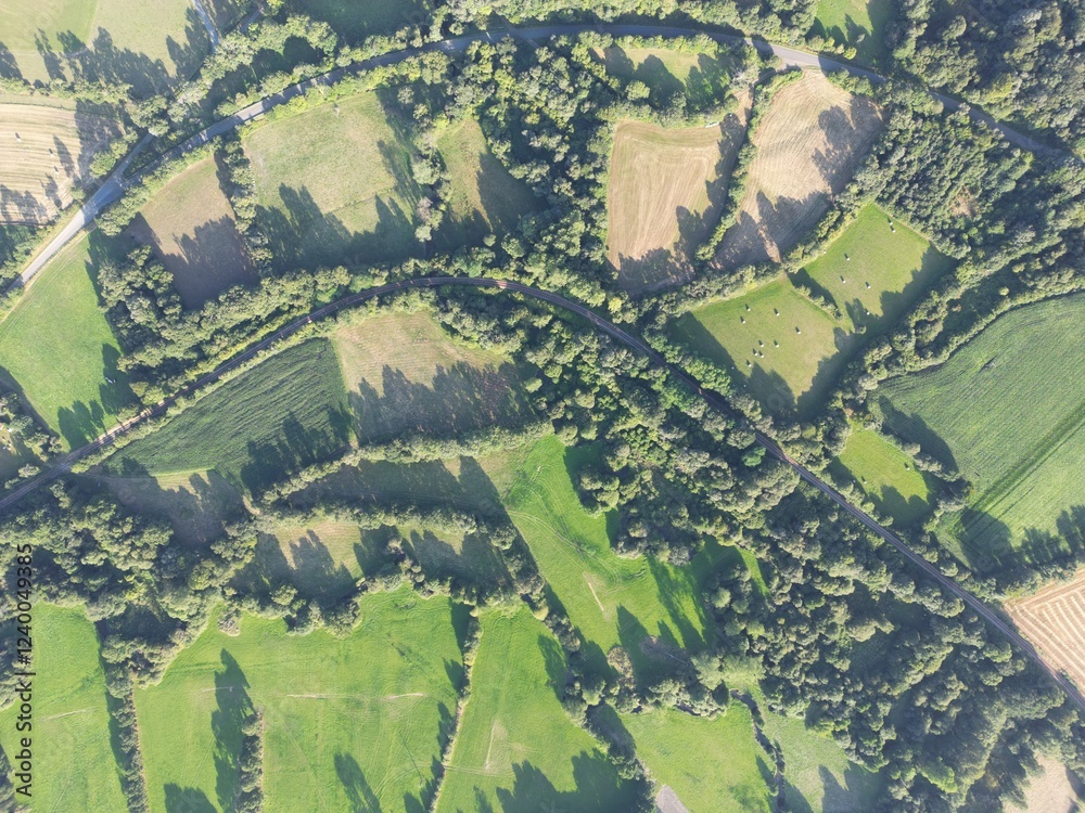 Vertical aerial view of a landscape of hedges and berms in Brittany ...