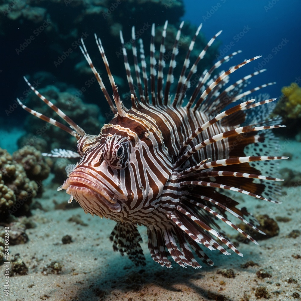 A lionfish with its striking striped pattern and venomous spines ...