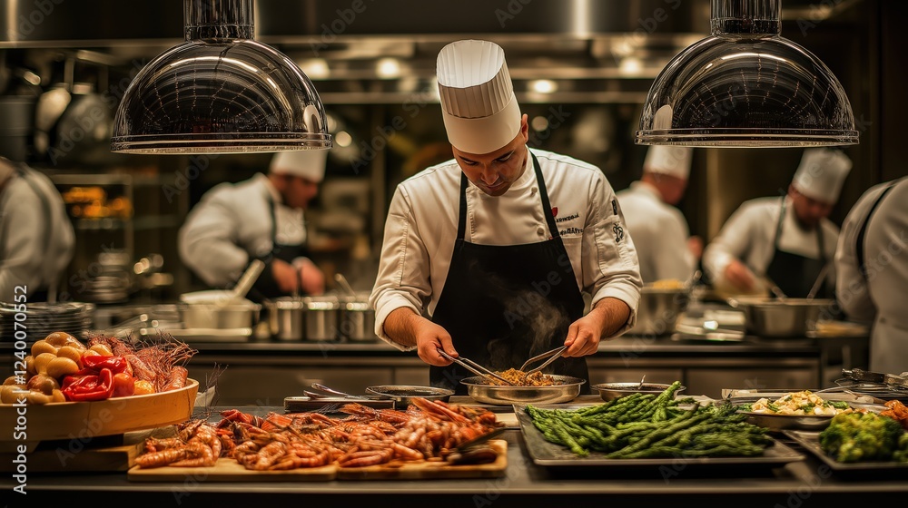 Group of chefs in the kitchen room plating different dishes on kitchen ...