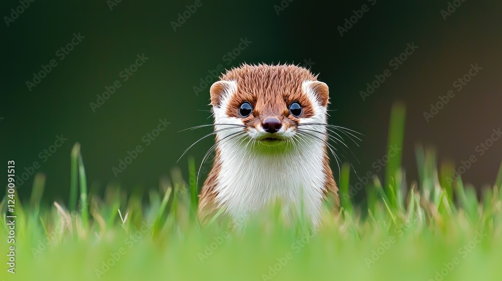 Stoat peeking from grass, wildlife portrait, nature background, for ...