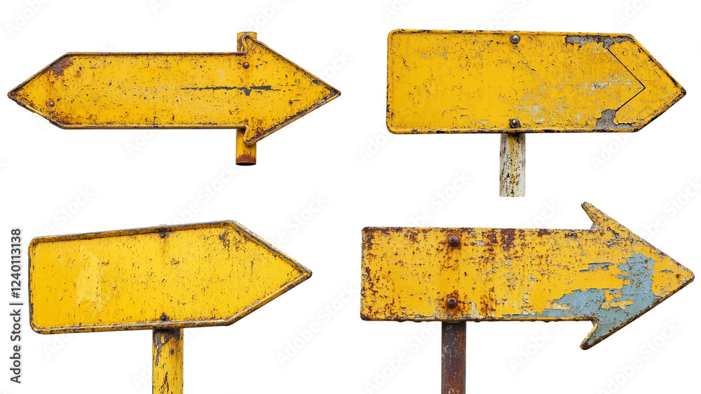 four yellow rusty arrow signs isolated on a white background. The signs ...