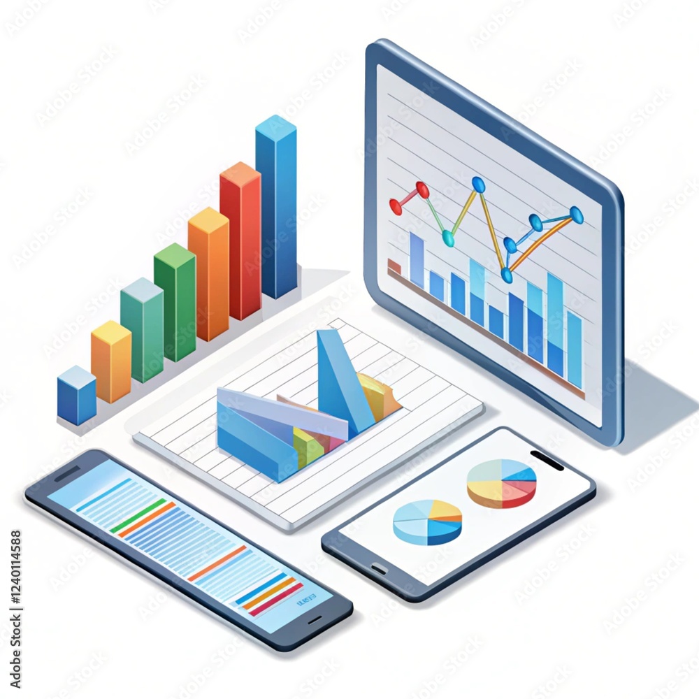 Digital data analysis on devices, charts & graphs show growth, white ...