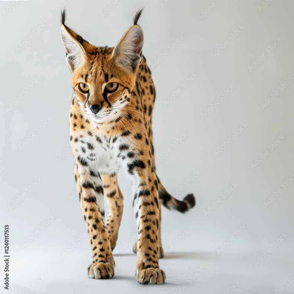 elegantly posed serval cat showcasing its long legs and striking spots ...