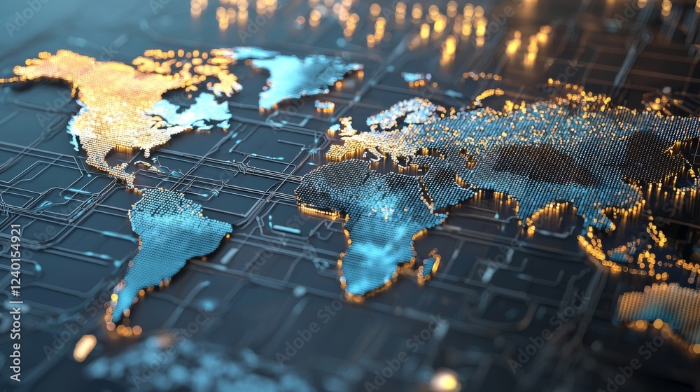 Global Network Map with Illuminated Landmasses Depicting Modern Technology Connections and ...