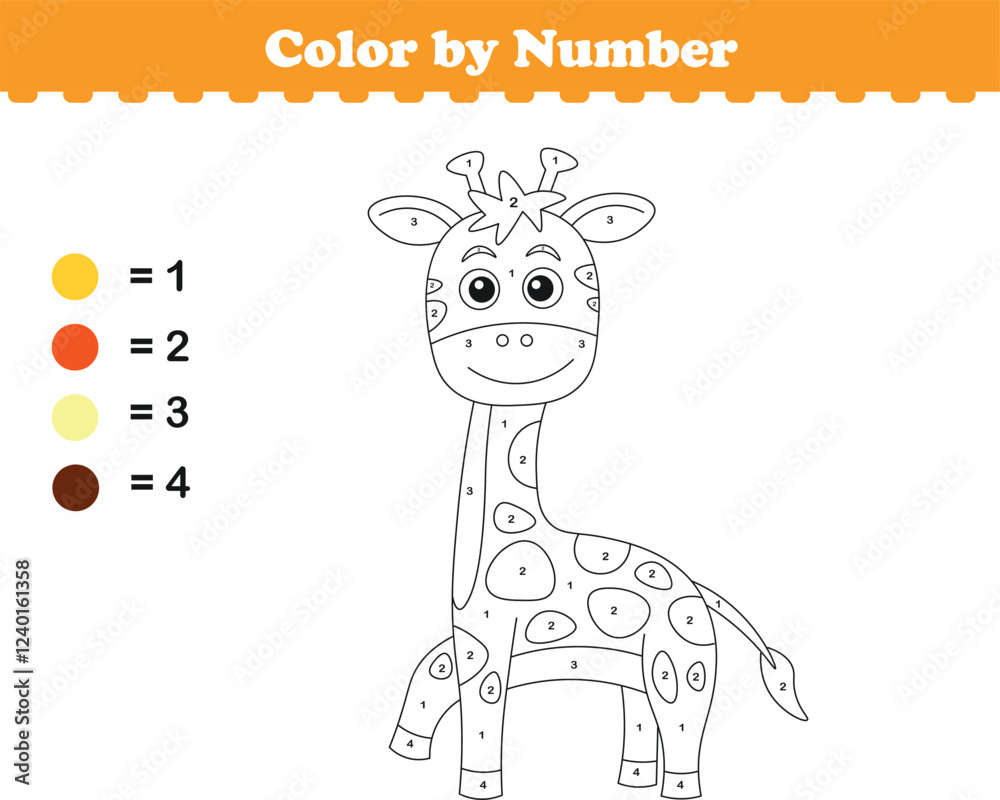 Color by numbers. Coloring page for kids. Coloring with cute giraffe ...