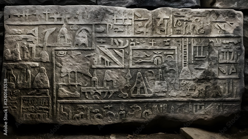 An ancient stone tablet covered with intricate spiritual inscriptions ...