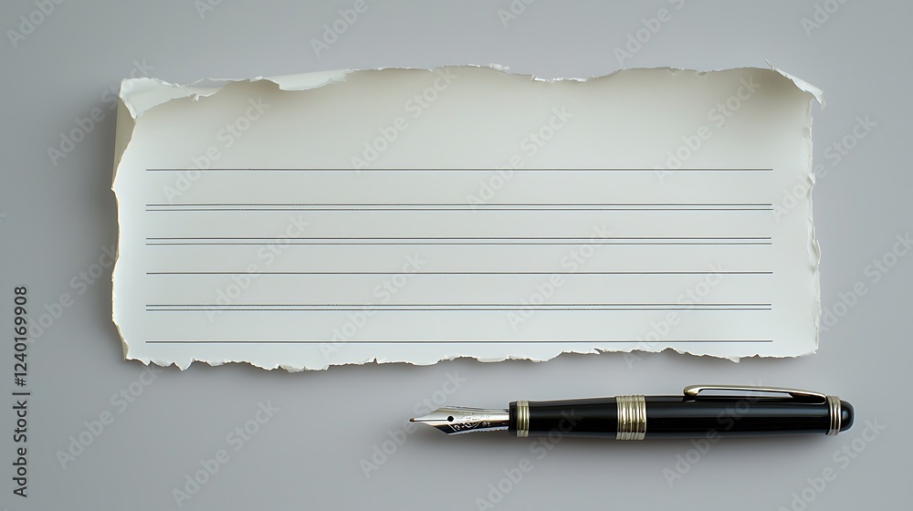 Torn lined paper note with fountain pen, gray background, writing ...