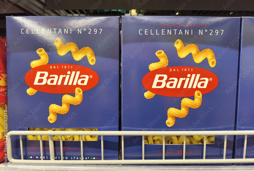 Barilla cellentani pasta boxes on store shelf with spiral design Stock ...