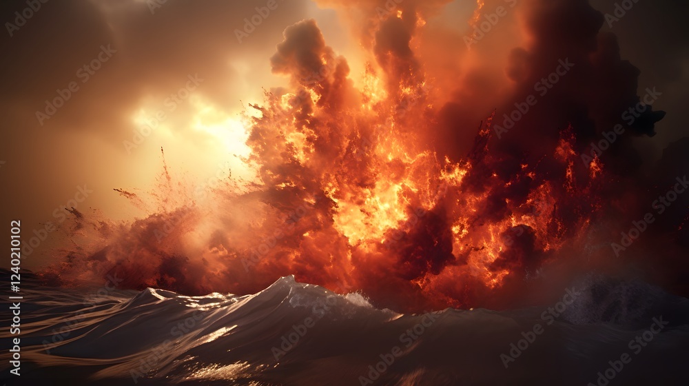 Dramatic scene of molten lava from a volcanic eruption pouring into the ...