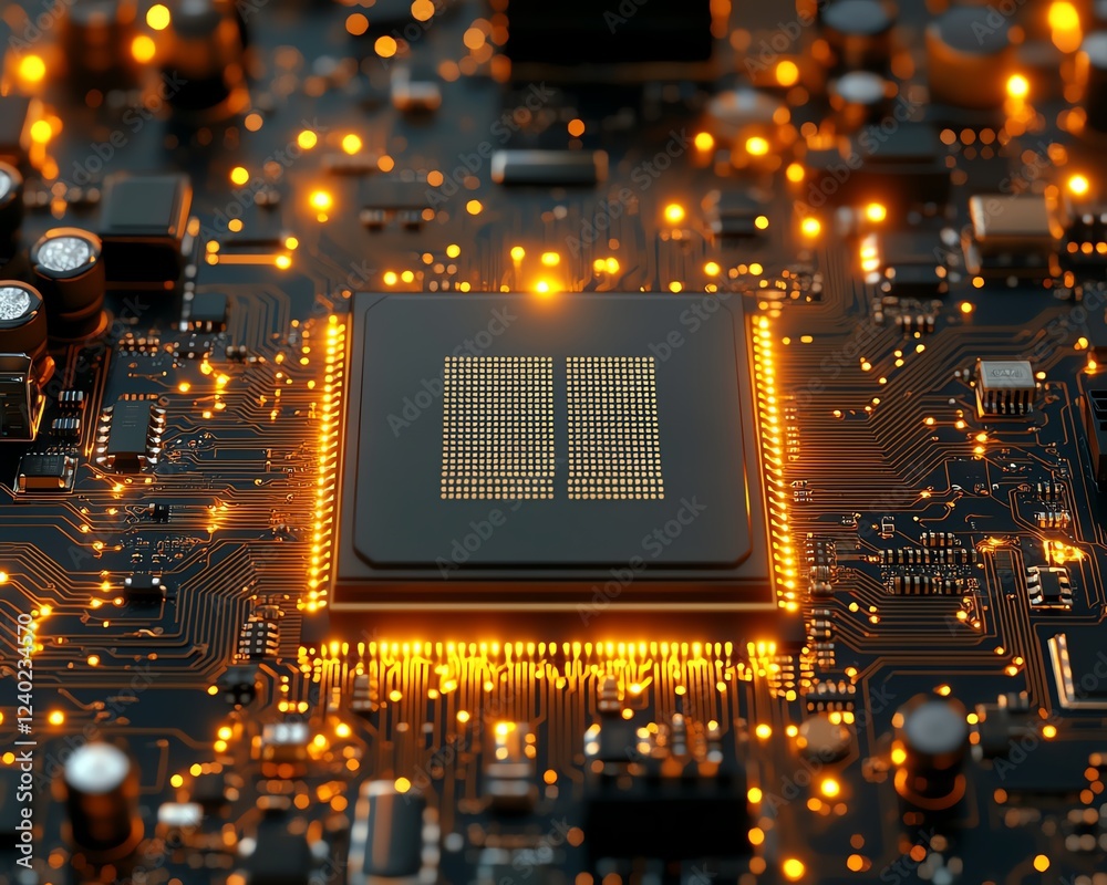 Liquid gold chip installed on motherboard, glowing smart processor ...