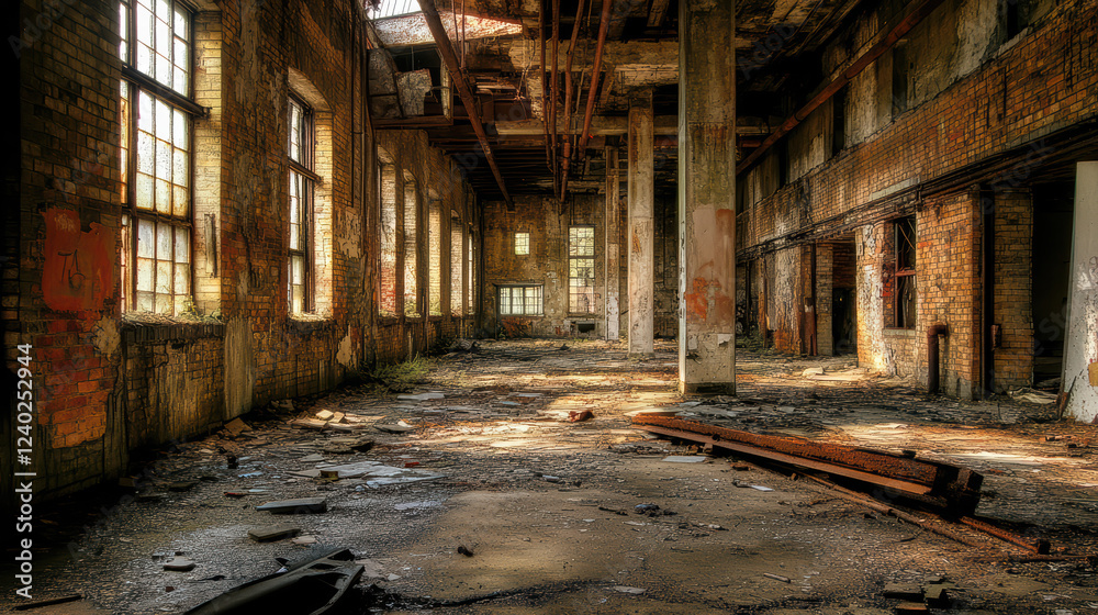 Abandoned factory interior with rusted beams, broken windows, and ...