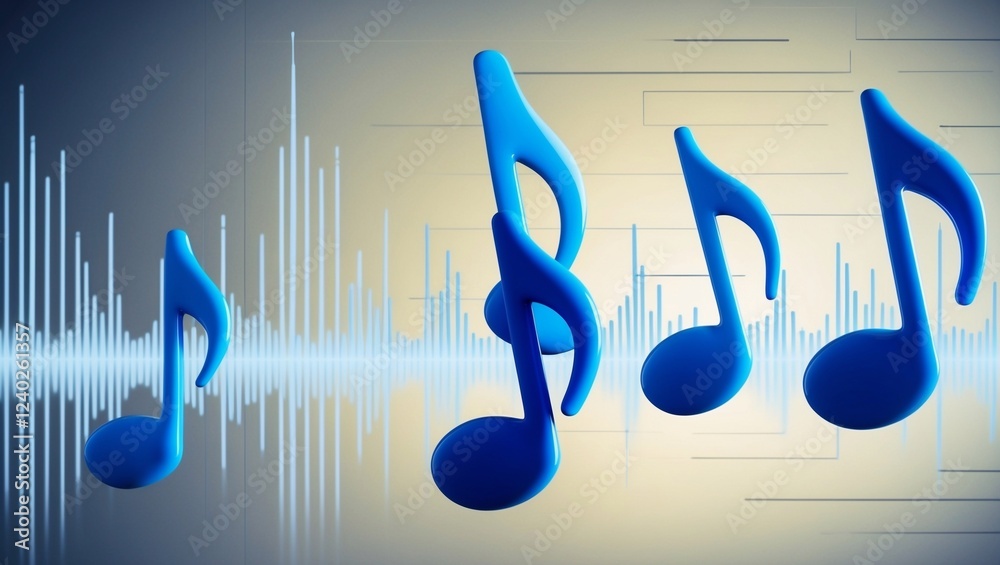 Bright blue music notes are floating and flowing on a digital sound ...