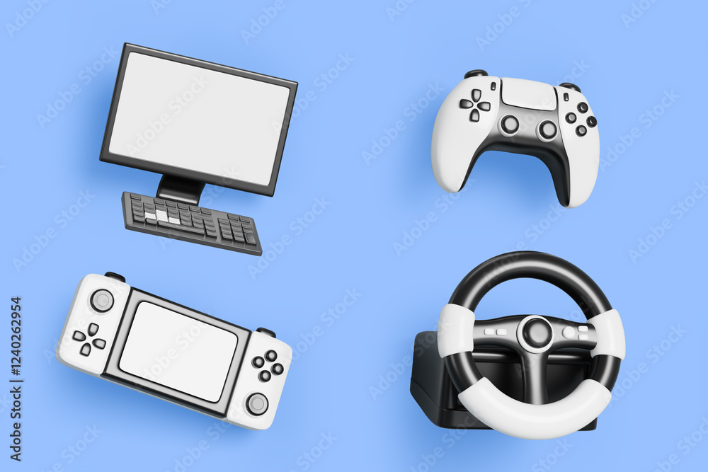 Video game cartoon 3d render icon set. Realistic joystick gamepad ...