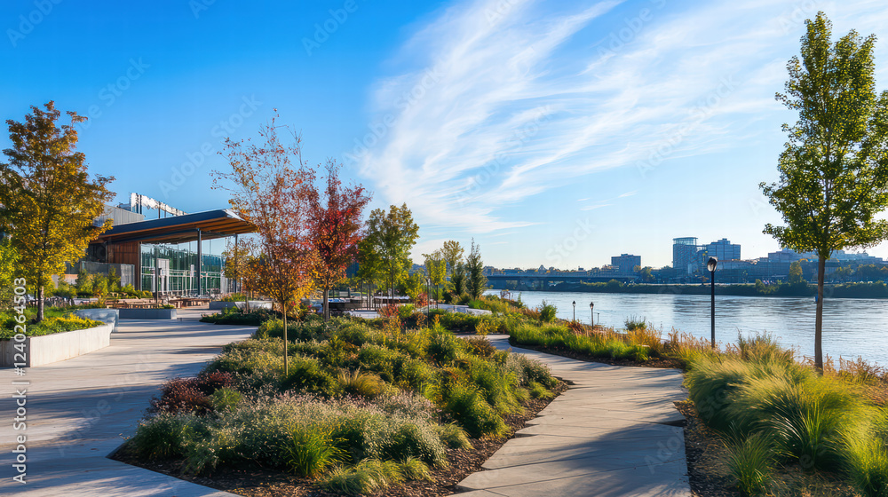 scenic riverfront view featuring modern architecture, lush greenery ...