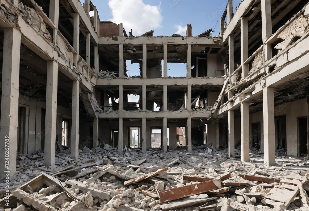 Rubble and debris fill a destroyed building after an earthquake ...