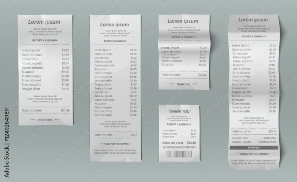 Paper bill receipt mockup collection of different formats - short service slip, detailed ...