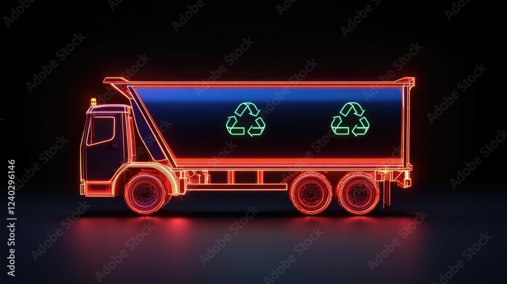 Glowing eco friendly waste disposal truck with green recycling symbols ...