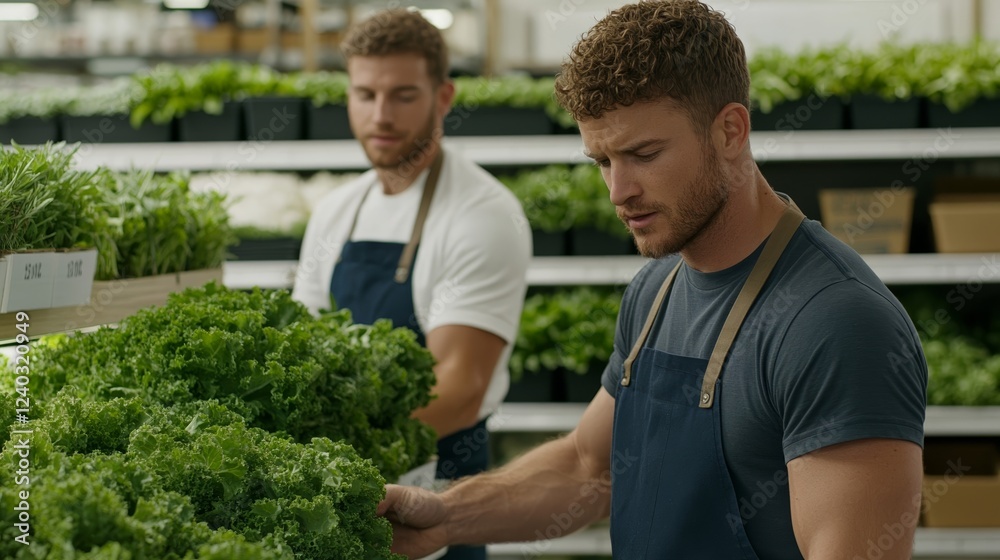 Elegant Employee restocking a shelf of organic spring vegetables like ...