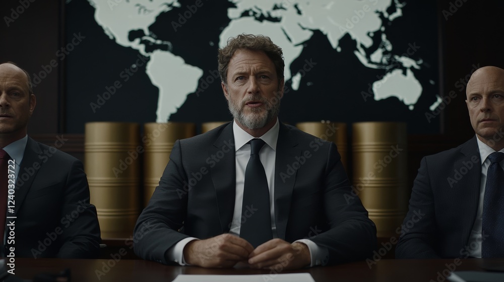 Elegant Political leaders at a conference table arguing with oil ...