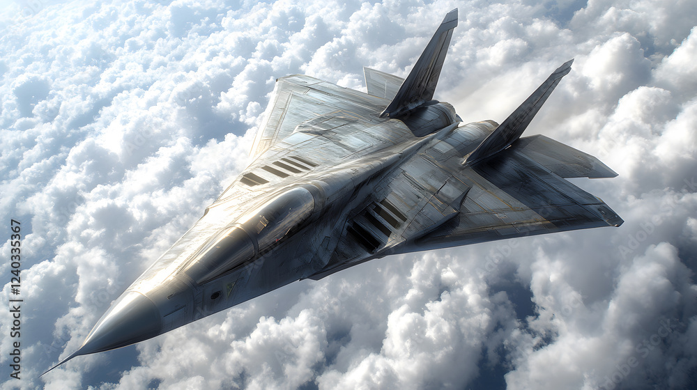 A sleek fighter jet soars above fluffy white clouds, showcasing ...
