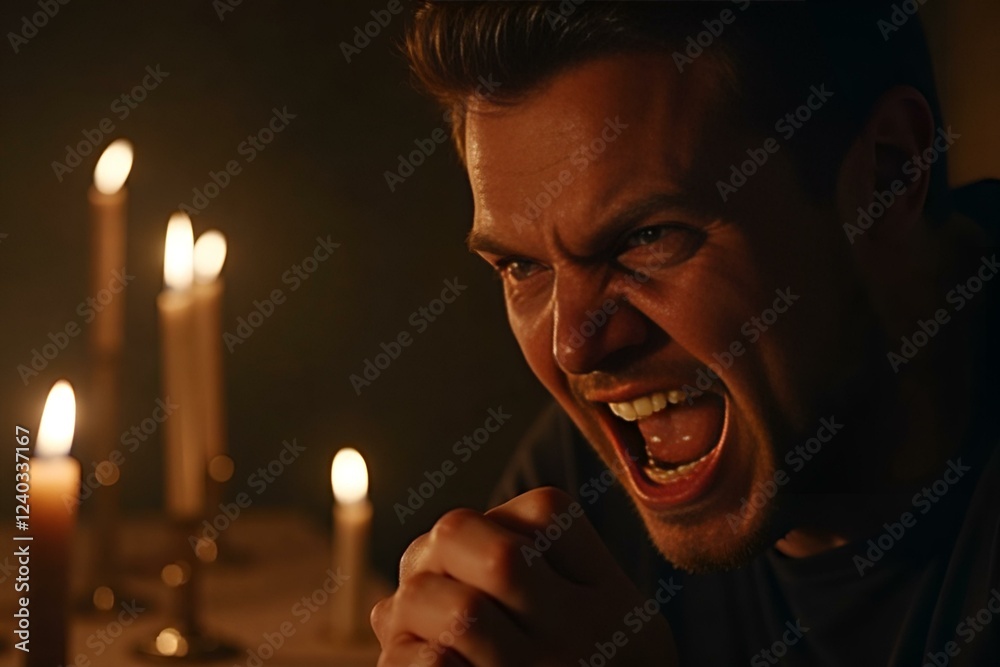 Angry Man Yelling in Candlelit Room, Emotional Tension and Drama Stock ...