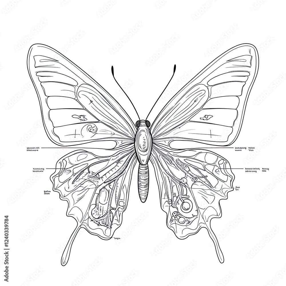 Colorful Butterfly Anatomy Labeled Wings Coloring Page for Kids Stock ...