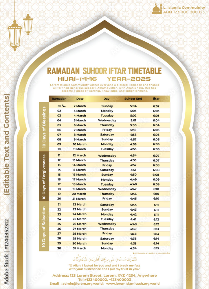 Editable Template for Ramadan Kareem 2025 Calendar with Sehri and Iftar Time Stock Vector ...