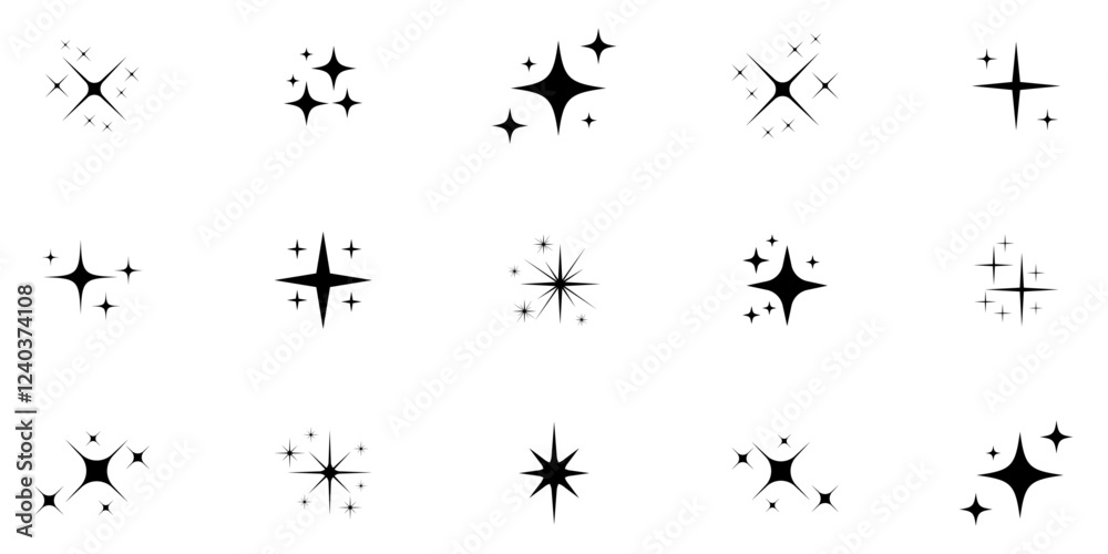 Set of black sparkle and star icons in various shapes and styles ...