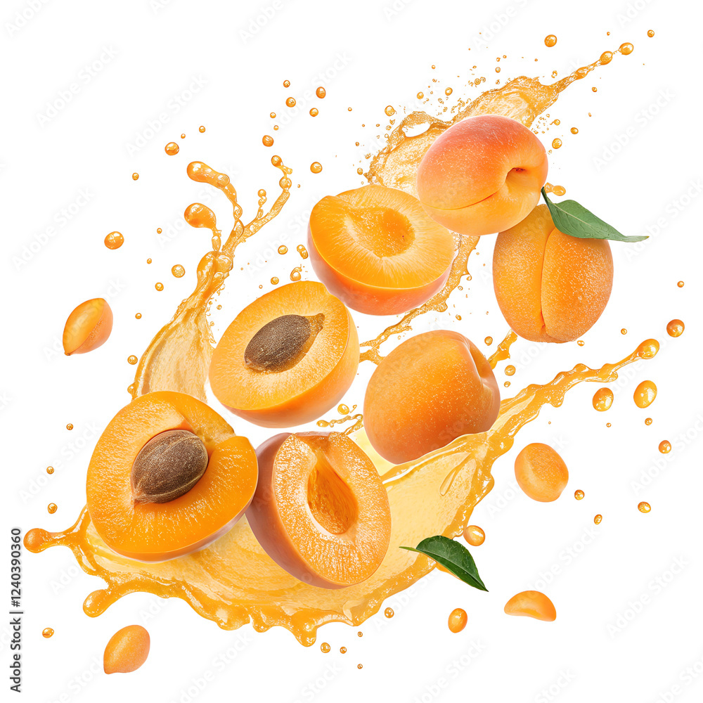 Splash of Peaches juice in motion and juice splashing isolated on ...