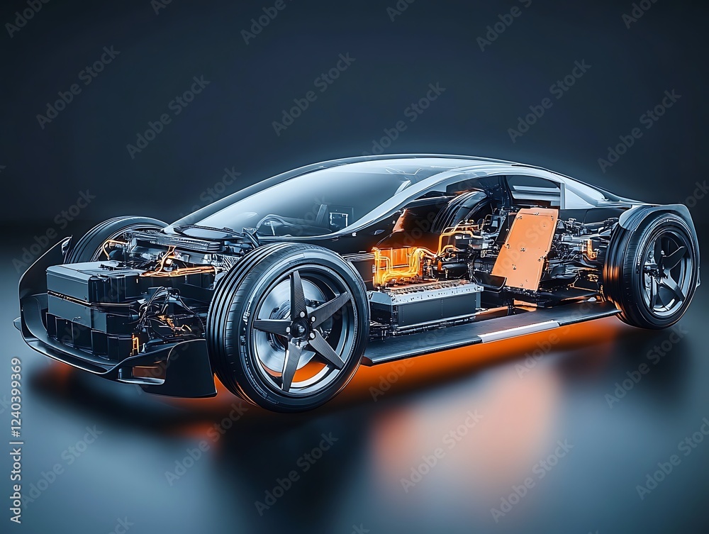 Electric car technical cutaway with all main details of EV system in ...