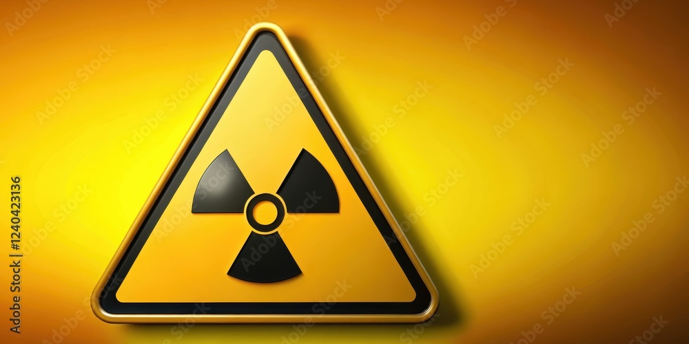 Nuclear warning sign with bright yellow background and bold black text ...