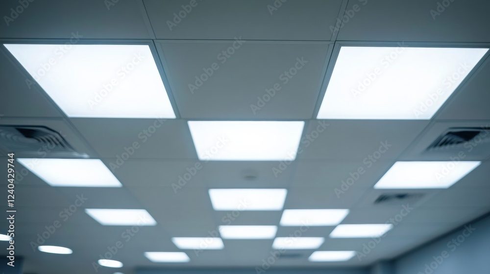Square Plasterboard Slab Suspended Ceiling with LED Lighting, Closeup ...