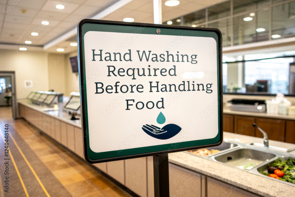 A sign in a dining area instructs patrons to wash hands before handling ...