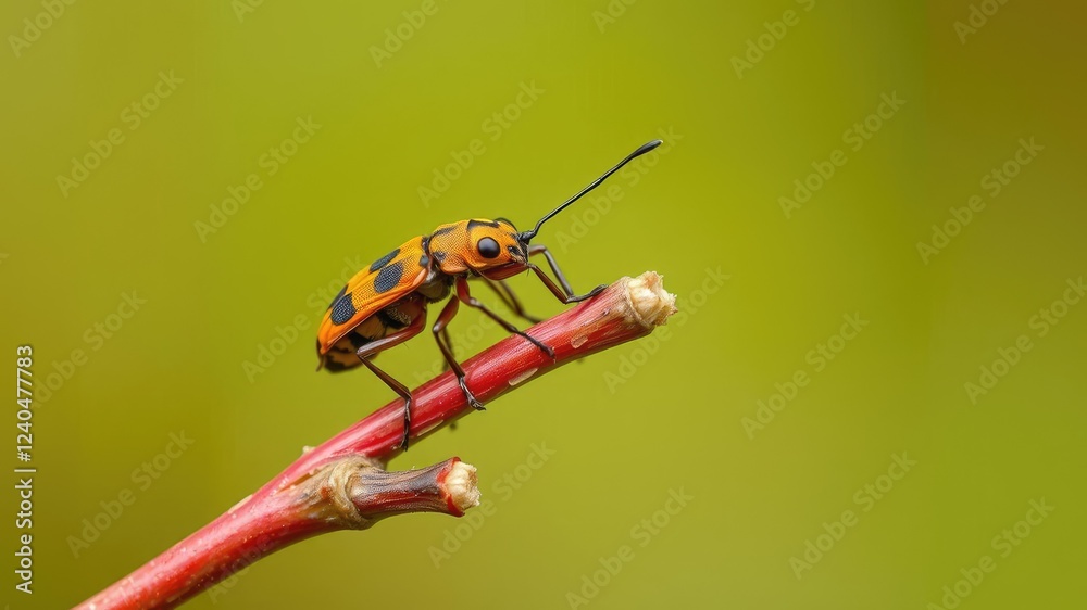 Pyrrhocoris apterus bug on a twig with red stem, black, pyrrhocoris ...