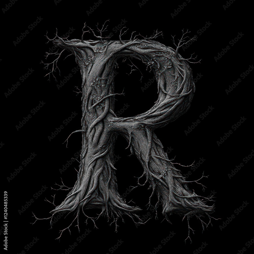 Dark, gnarled wood letter R, black background, gothic design, alphabet ...