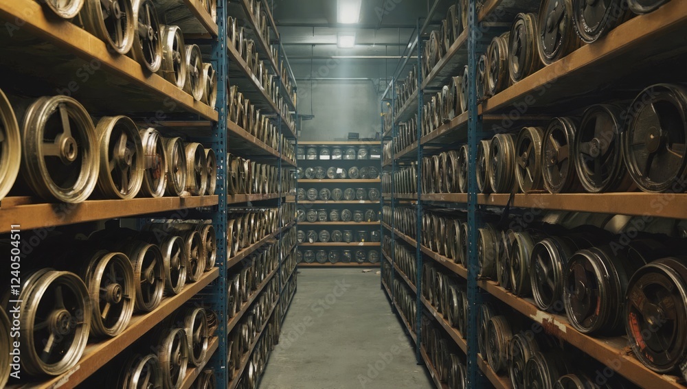 Film reels archive storage; rows of shelves; dark, quiet room ...