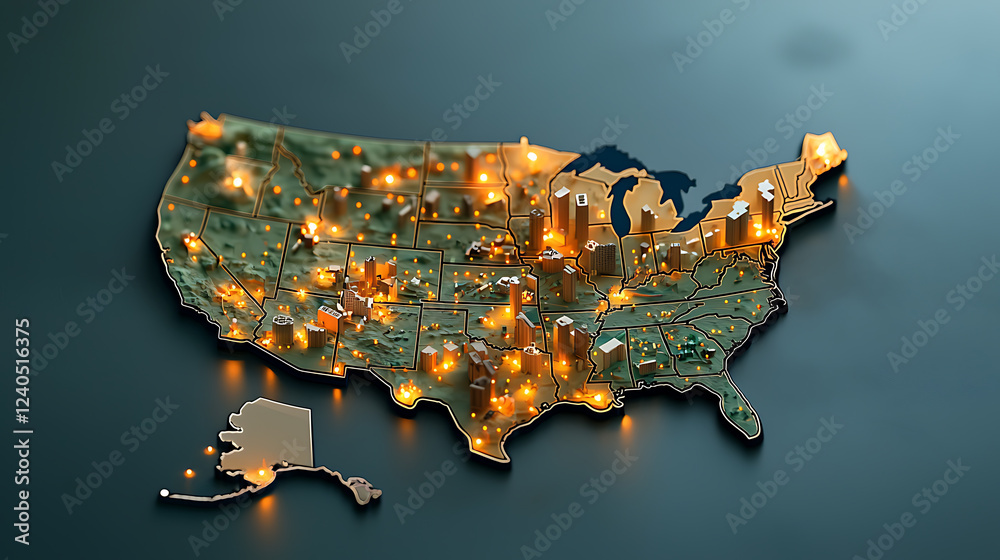 Illuminated map of the united states highlighting key cities digital ...