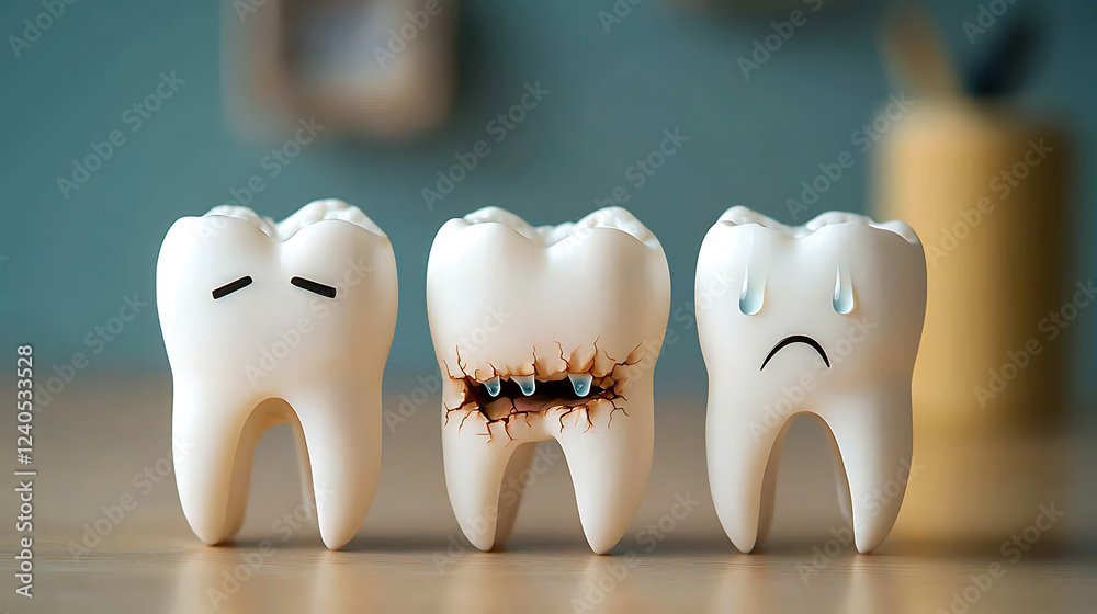Cartoon teeth trio with cracks dental care awareness animated ...