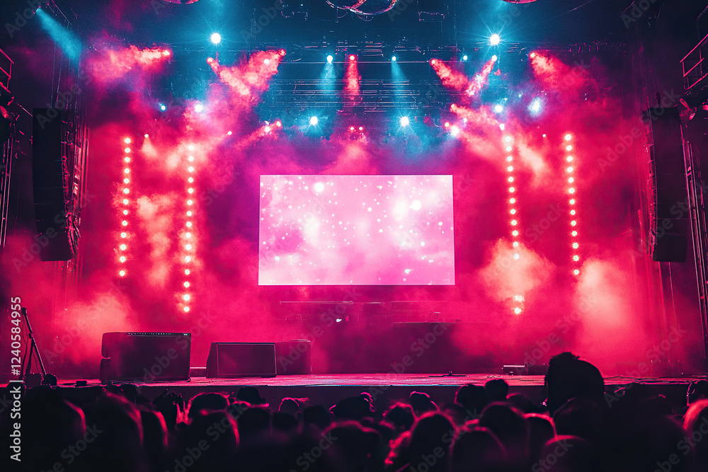 Outdoor stage with musical instruments and a big screen in stage smoke ...