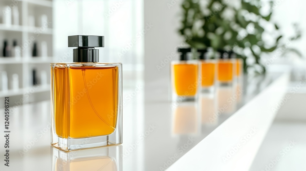 Perfume testers and branded bottles arranged on glossy counters inside ...