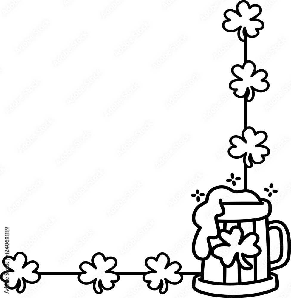 Hand drawn st.patricks day shamrock doodle cartoon corner border frame ...