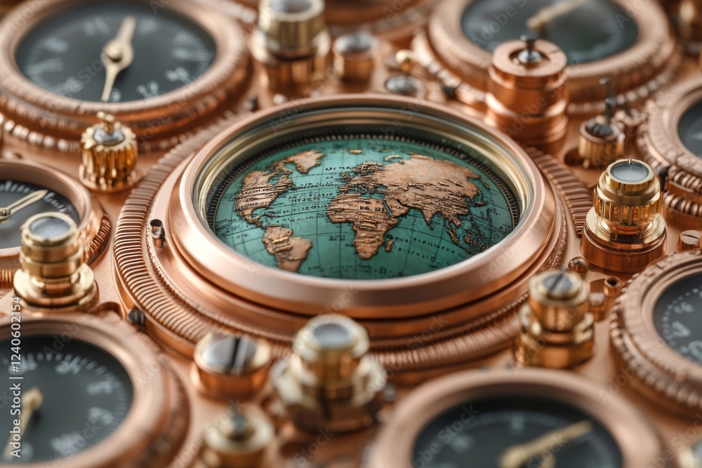 Detailed map of meteorological features surrounded by vintage clocks ...