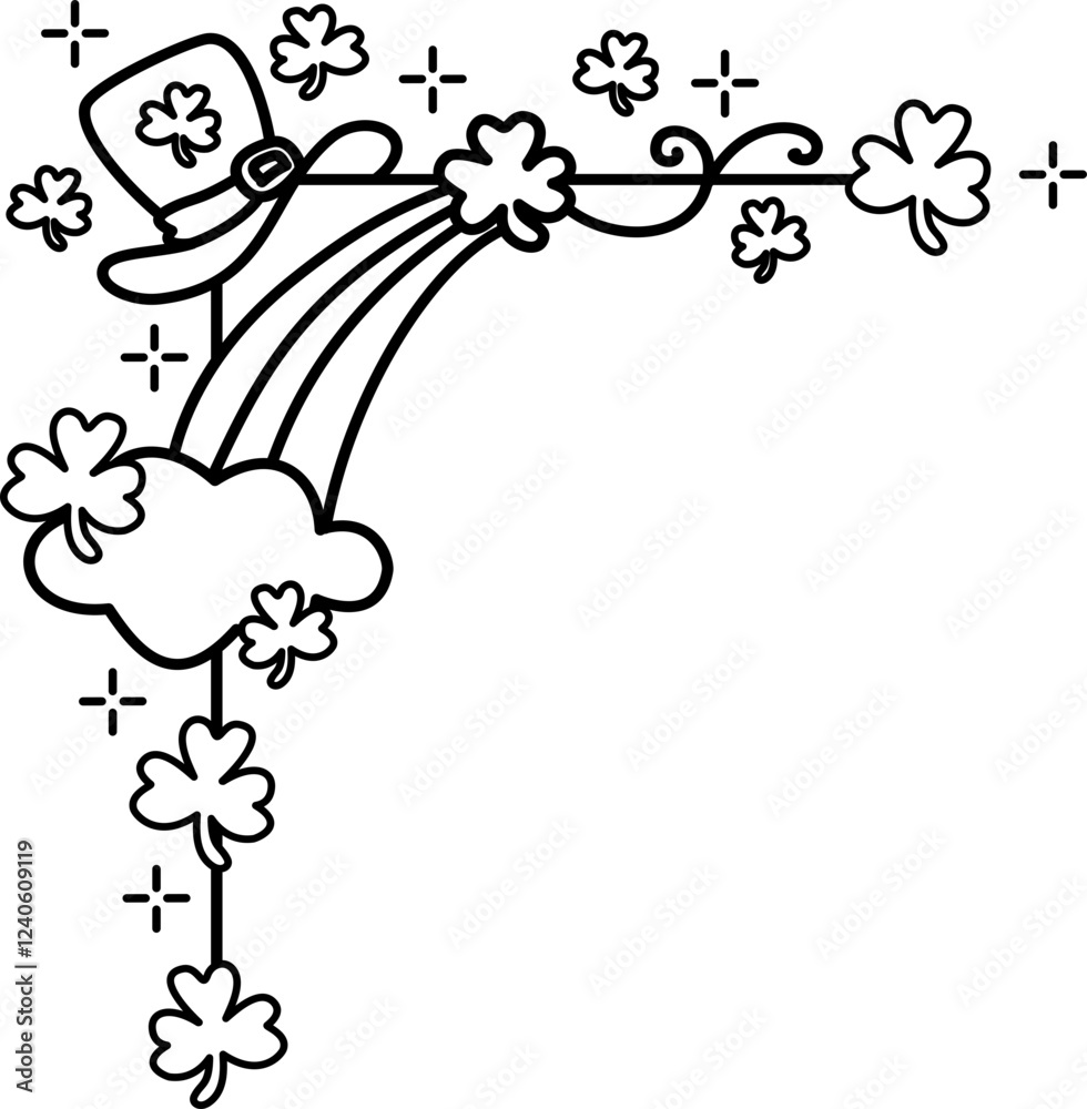Hand drawn st.patricks day shamrock doodle cartoon corner border frame ...